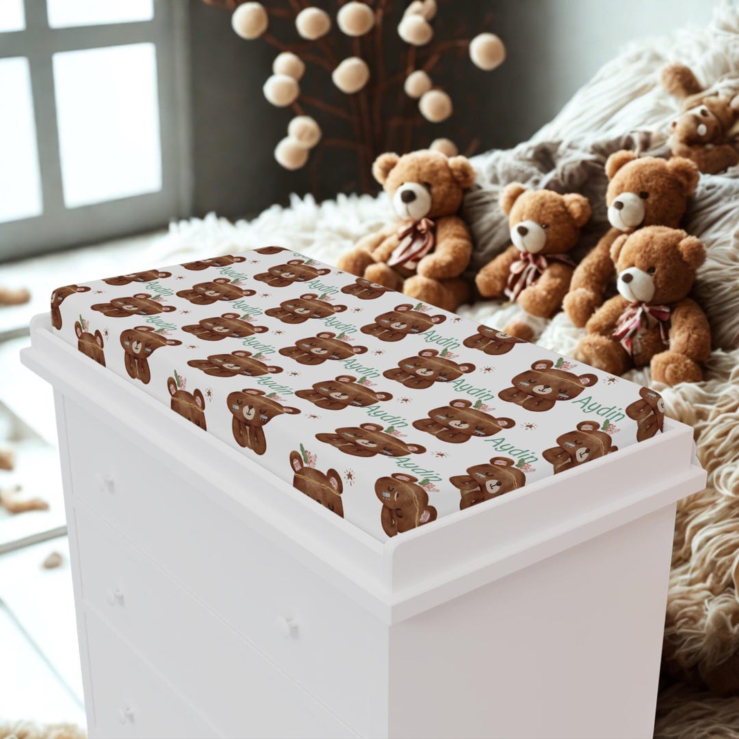 Brown Teddy Bear Pattern Baby Changing Pad Cover | Personalized Name ...