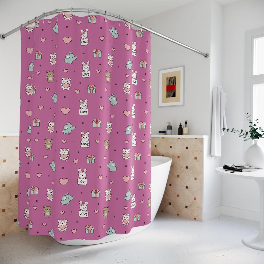Kawaii Hearts Bunny Dolphin Pattern Shower Curtain | Pink Cute Animal ...