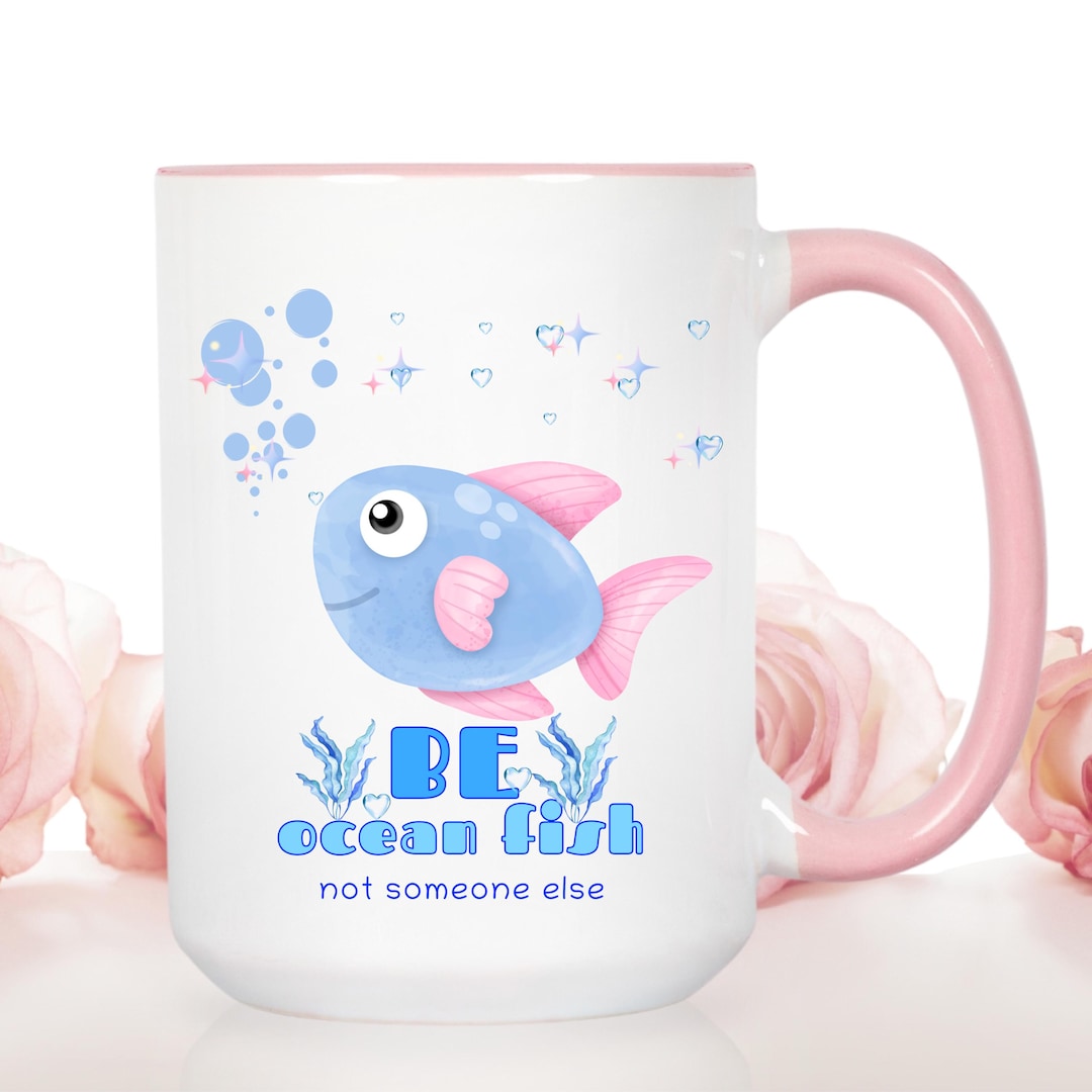 Cute Cartoon Fish With Pink Fins and Bubble Accent Coffee Mug, Marine ...