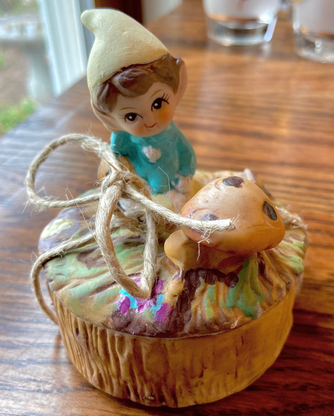 Vintage Elf Bisque Ceramic Trinket Box Elf Child and Mushrooms ...