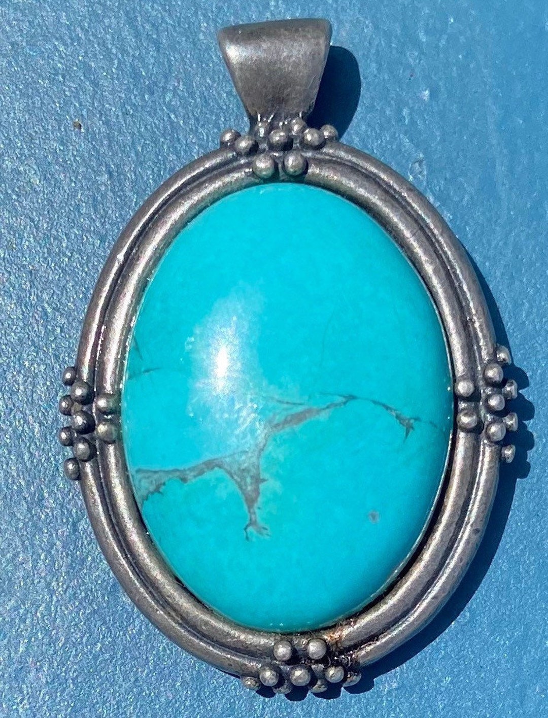 Vintage Turquoise Pendant With Large Oval Silver Toned Metal, Western ...