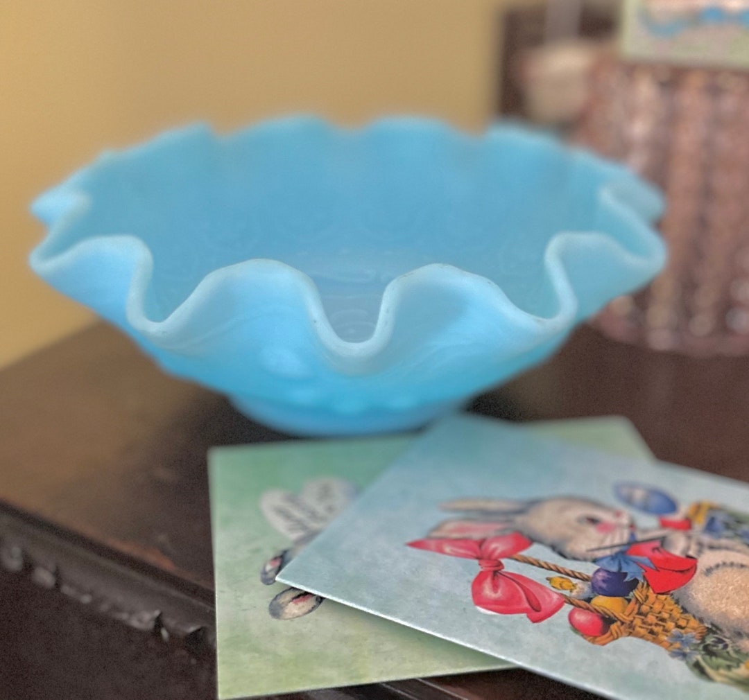 Vintage Fenton Blue Custard Frosted Milk Glass Ruffled Crest Floral ...