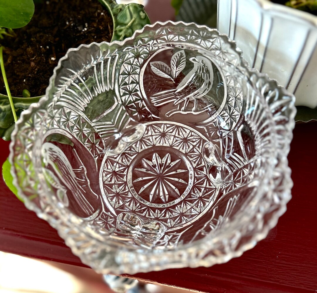 Vintage HOFBAUER BYRDES Lead, Crystal Footed Compote Diamond Cut Clear ...