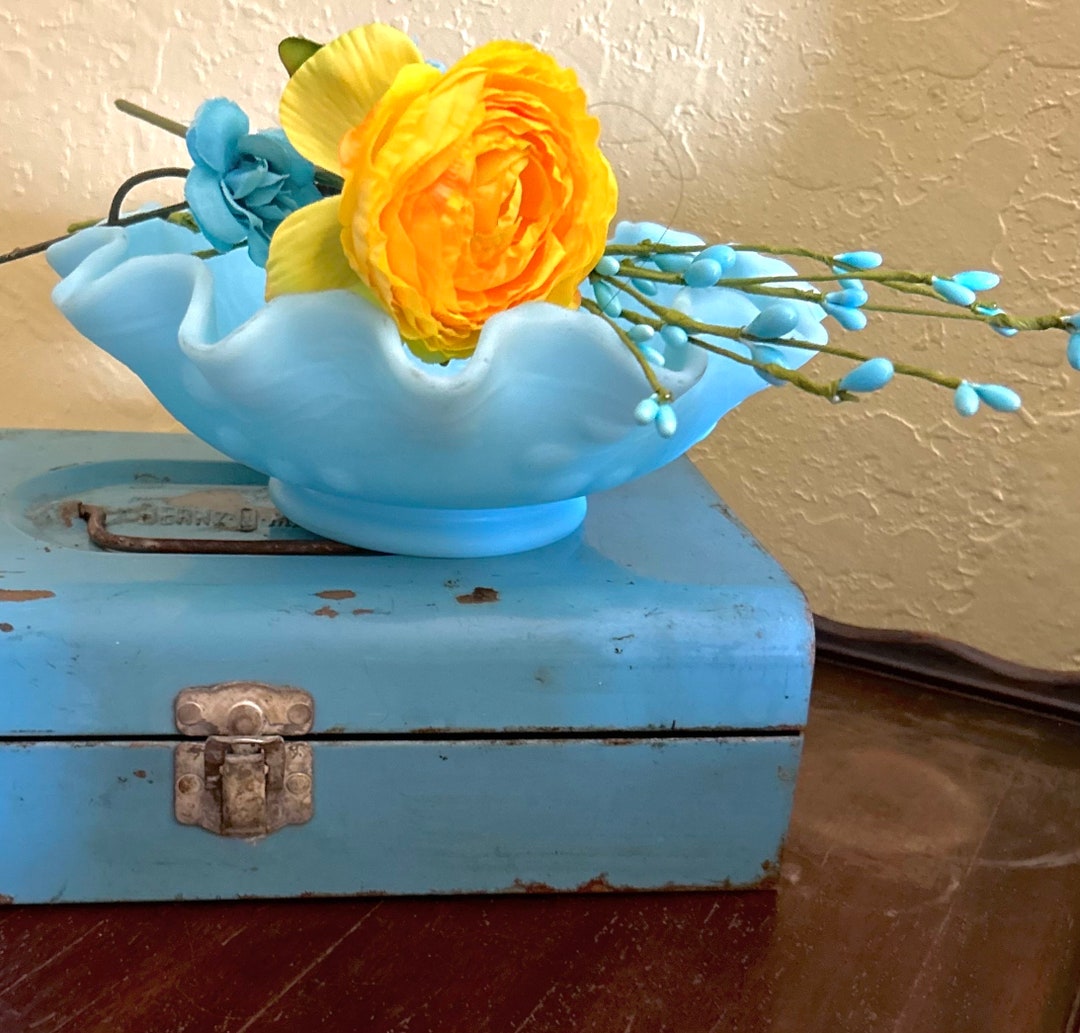 Vintage Fenton Blue Custard Frosted Milk Glass Ruffled Crest Floral ...