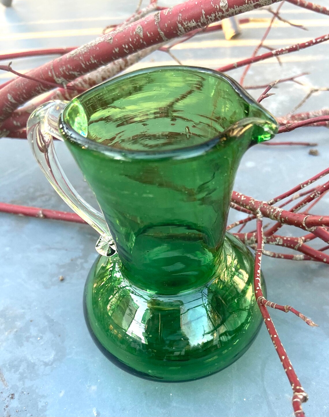 Vintage Green Glass Pitcher With Clear Handle Christmas - Etsy