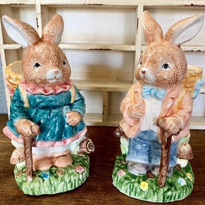 Vintage Pair of Spring Bunnies Planters, Boy/girl Rabbit Hiking ...