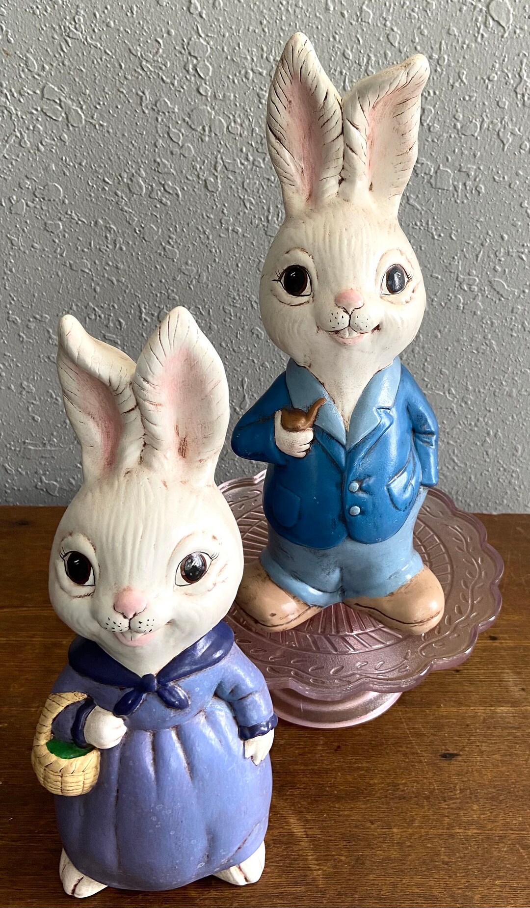 Vintage Pair Anthropomorphic Bunny Mr. and Mrs. White Spring Ceramic ...