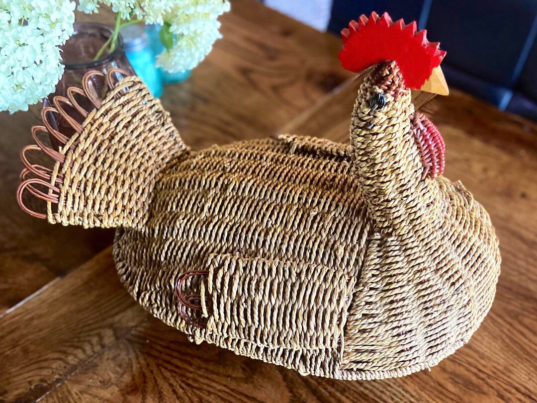 Vintage CHICKEN SHAPED Hand Woven Basket, Egg/basket Rooster Basket ...