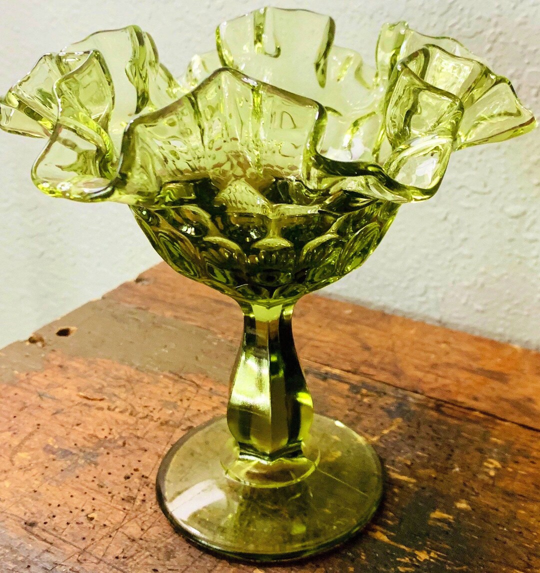 Vintage Fenton Green Glass Thumbprint Style Compote/ Candy Dish, Fenton ...