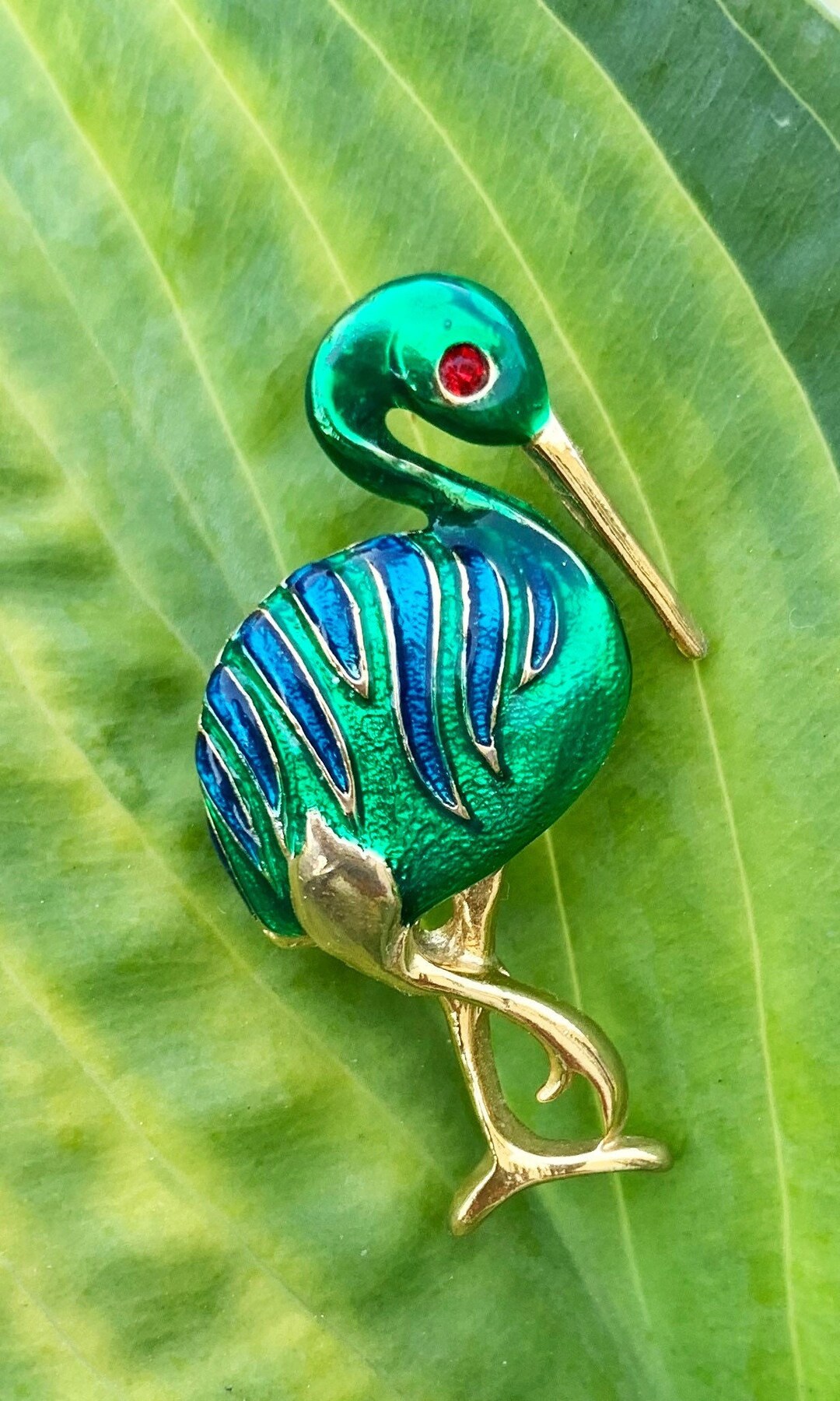 Vintage Giovanni Signed Crane Brooch Green Enameled Gold Toned Crane ...