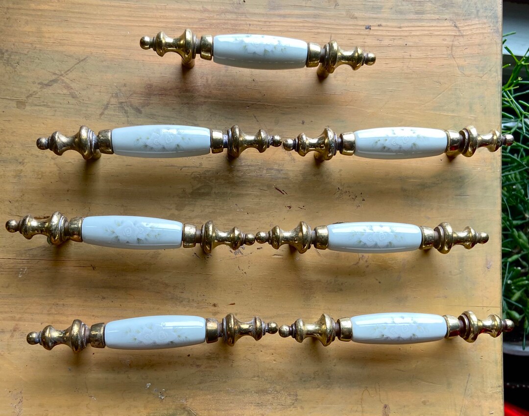 Vintage Brass White/cream 1979 Set of 9 Drawer Pulls, Dresser Handles ...
