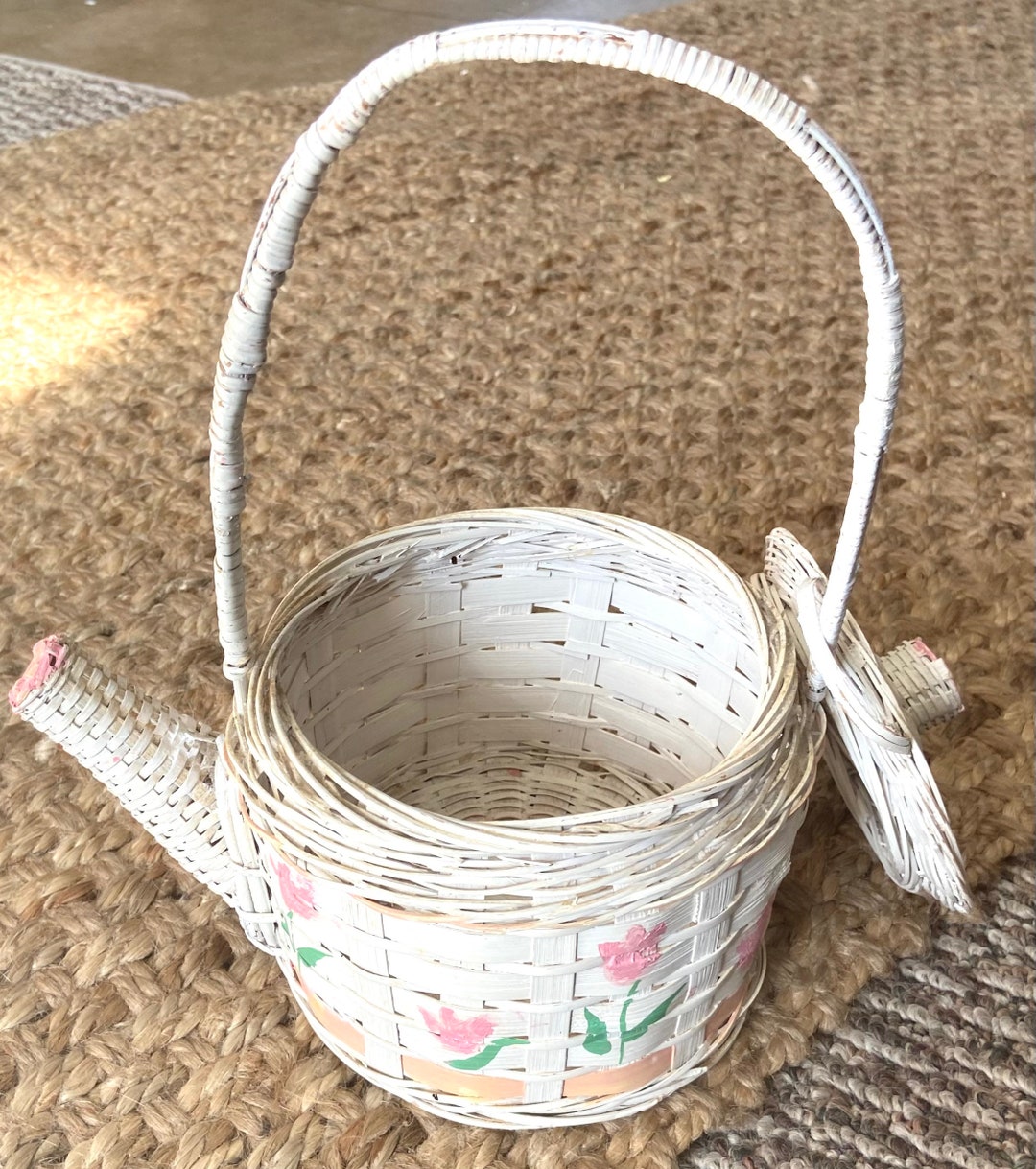 Vintage White Wicker Watering Can Design Basket W/ Cover - Etsy