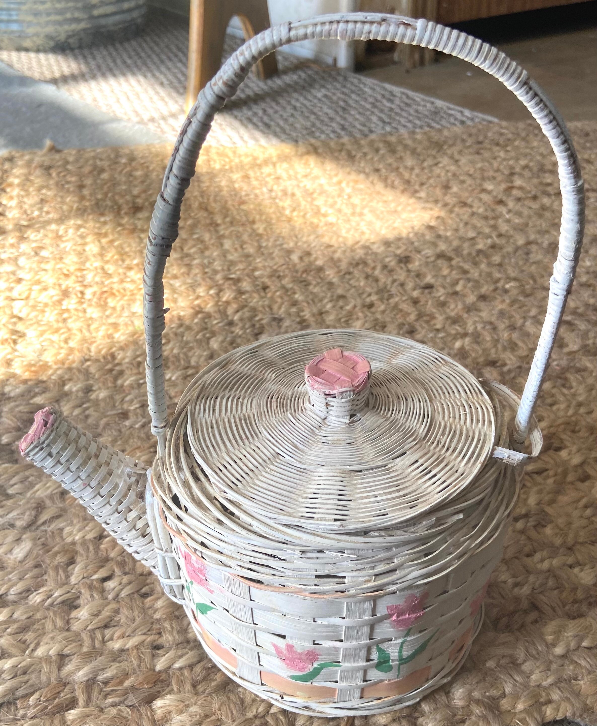 Vintage White Wicker Watering Can Design Basket W/ Cover - Etsy