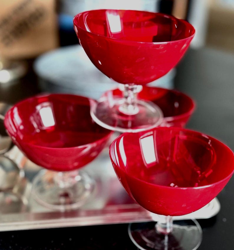 Vintage Ruby Red Footed Dessert/ Ice Cream Cups Set of 4 With Clear ...