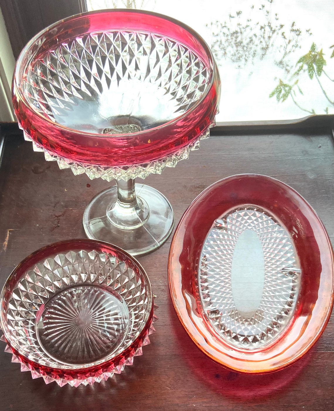 Vintage RUBY DIAMOND Point Water Set of 3 Crystal Glass Cut | Etsy
