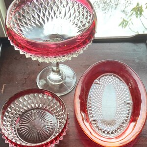 Vintage RUBY DIAMOND Point Water Set of 3 Crystal Glass Cut Items, Ruby ...
