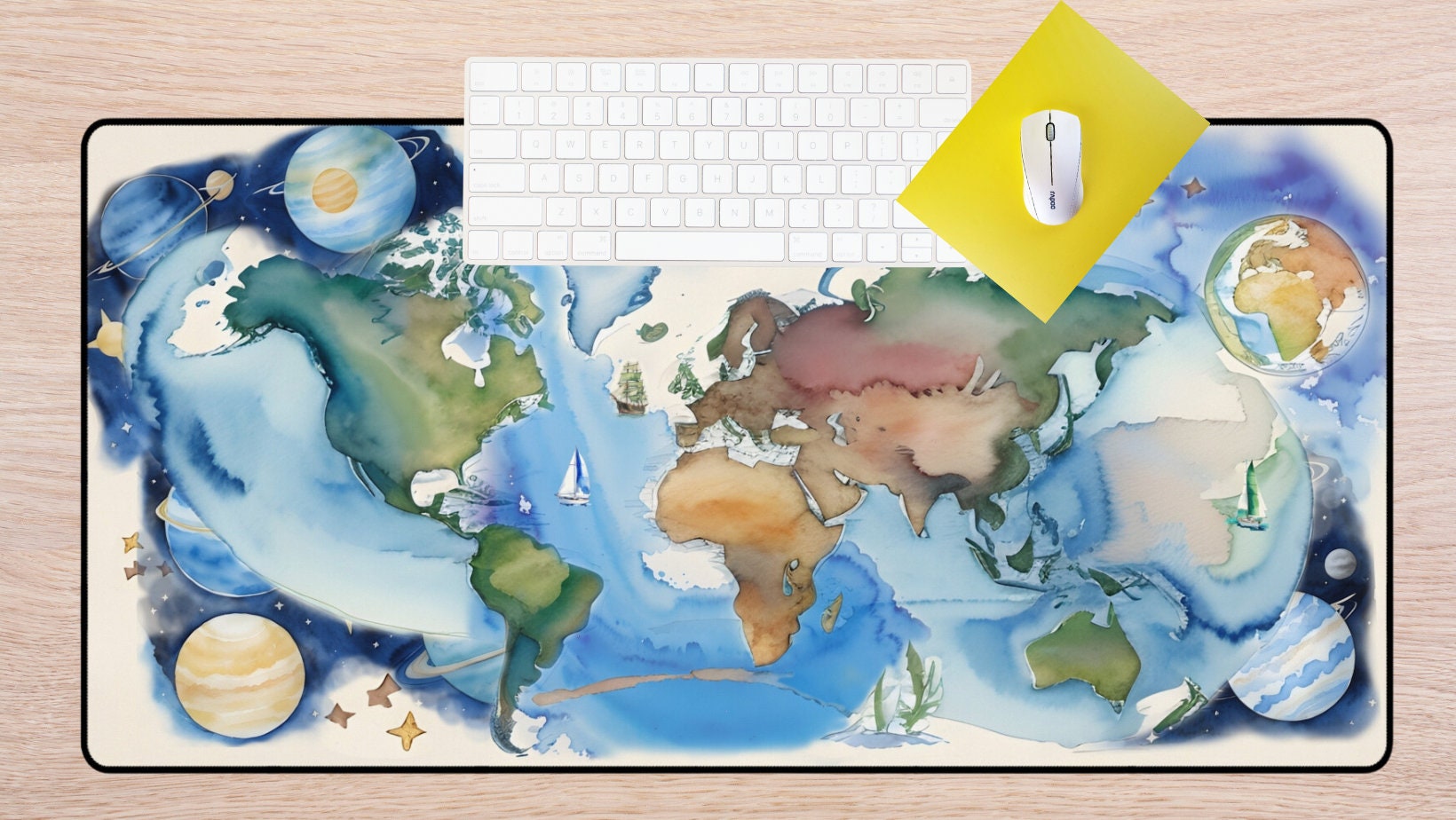 World Map Flat Cartography Space Planets Stars Sailboats Watercolor ...