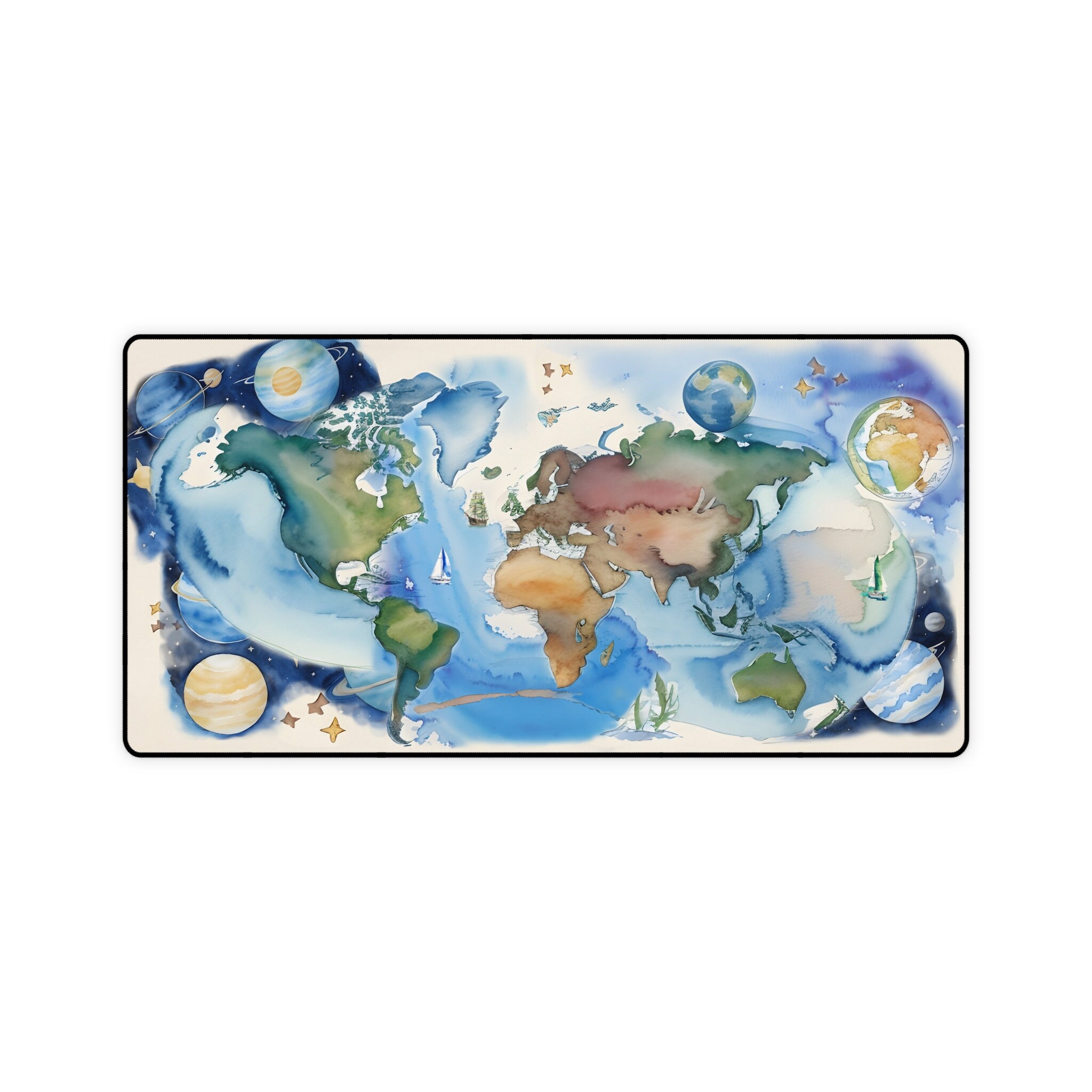 World Map Flat Cartography Space Planets Stars Sailboats Watercolor ...