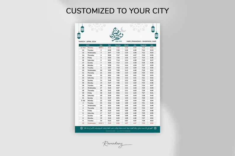 Ramadan Prayer Time Calendar, Printable Salah Time, Downloadable and ...