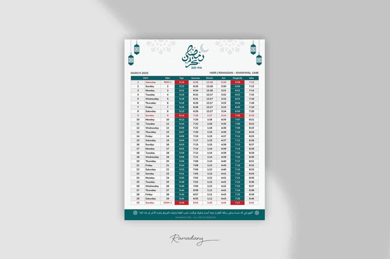 Ramadan Prayer Time Calendar, Printable Salah Time, Downloadable and ...