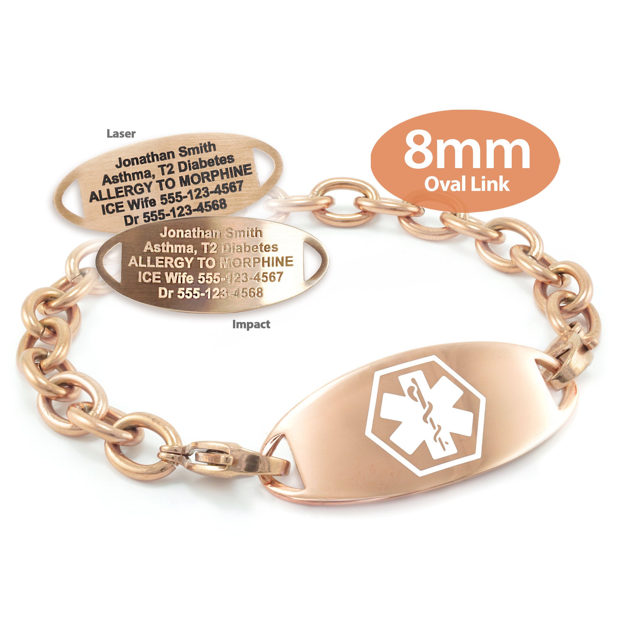 Medicengraved 316L Stainless Steel 8mm Rose Gold Finish Oval Link Bracelet With Interchangeable Medical ID Tag Engraving Included Etsy