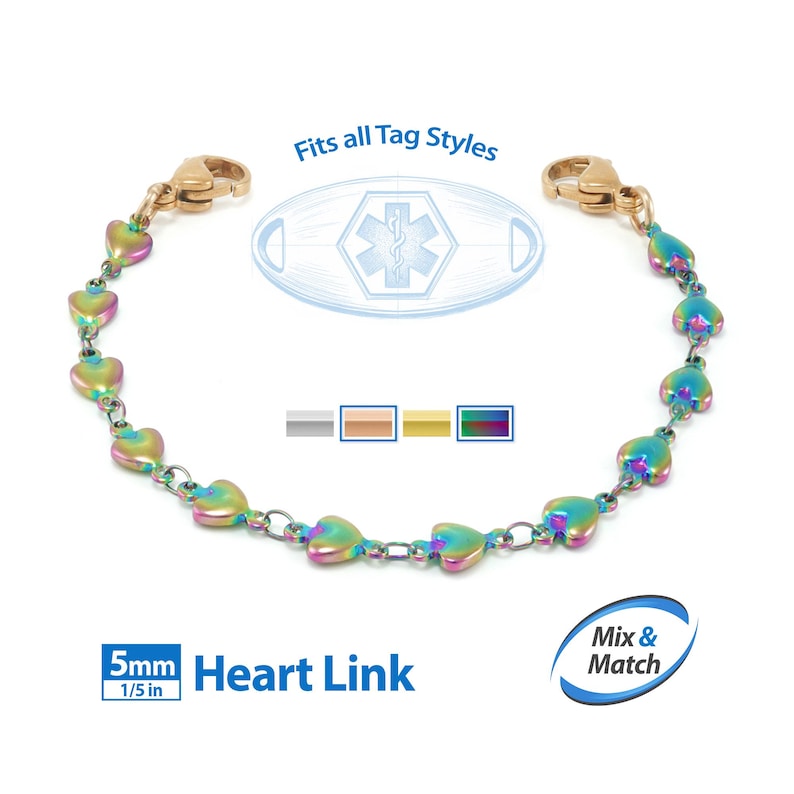 Medical Alert ID Replacement Mix & Match 5mm Heart Link Bracelet Band ...