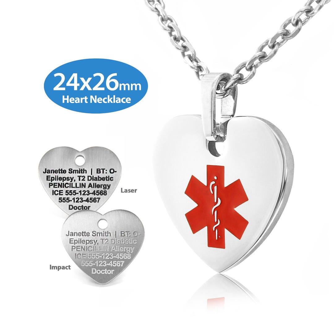 Medicengraved® Heart Medical ID Necklace (24x26mm) in 316L Stainless ...