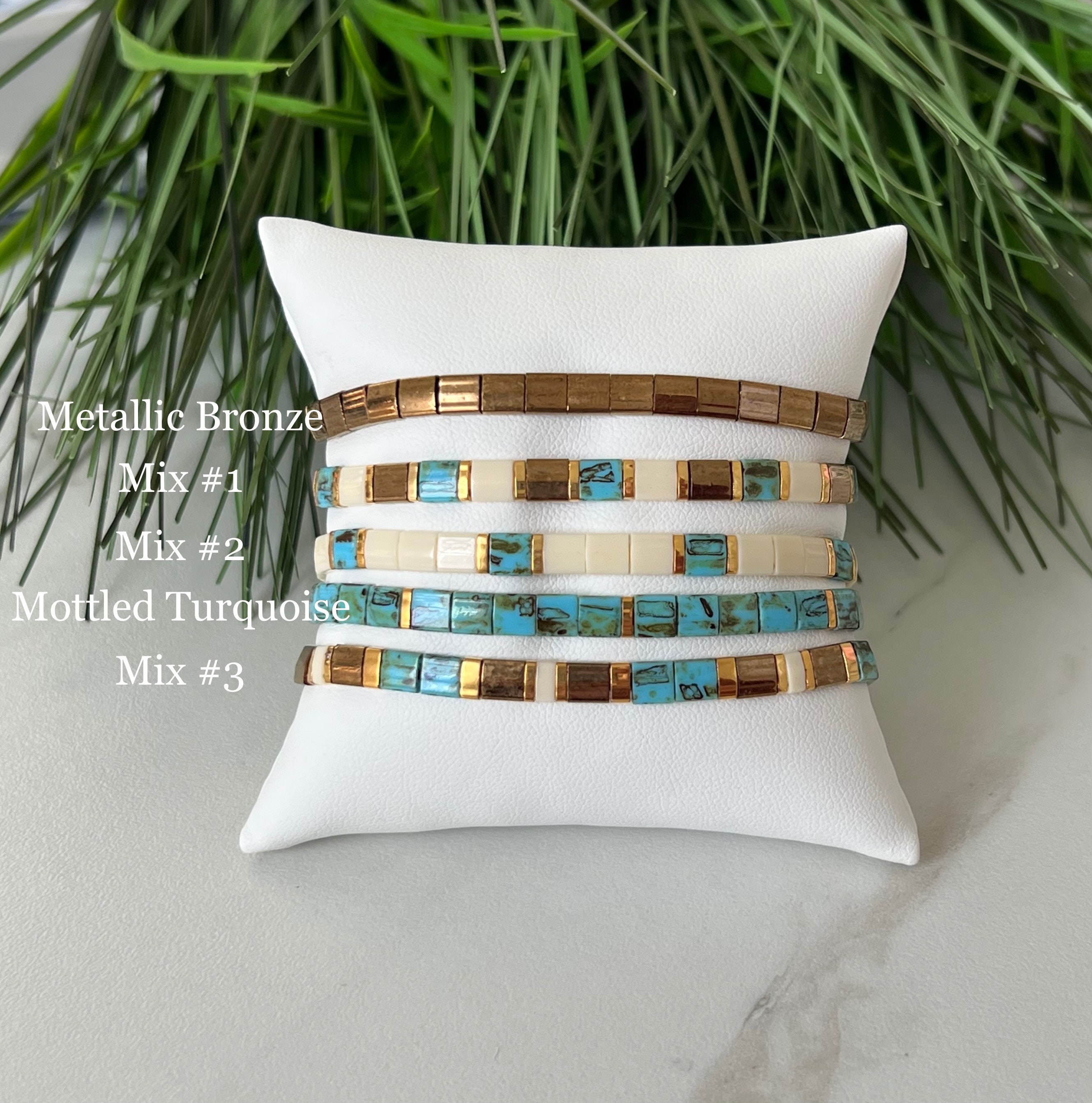 Turquoise & Bronze Stackable Beaded Bracelets Glass Tile - Etsy