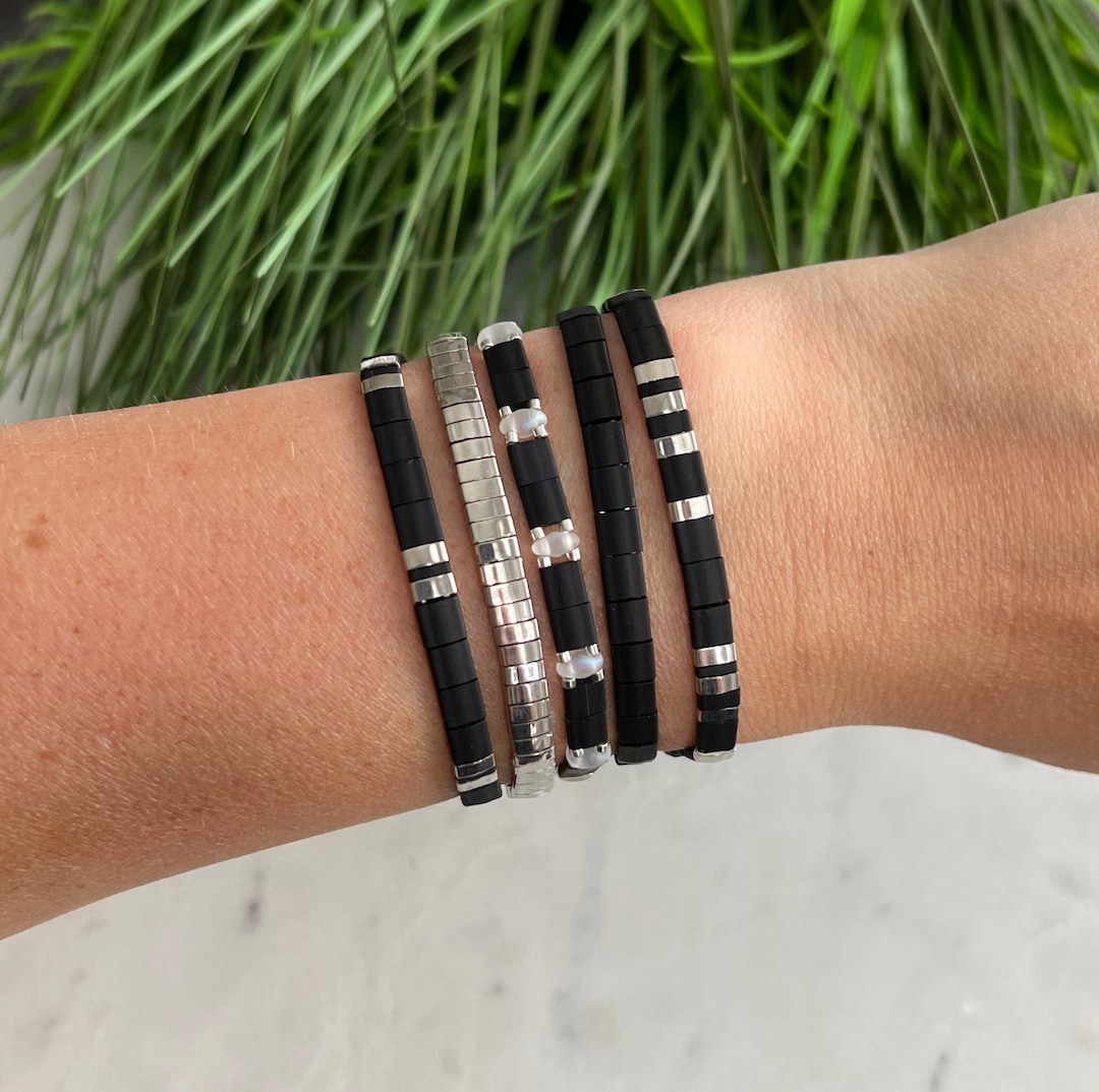 Black & Silver Stackable Beaded Bracelets | Glass Tile Bracelets ...