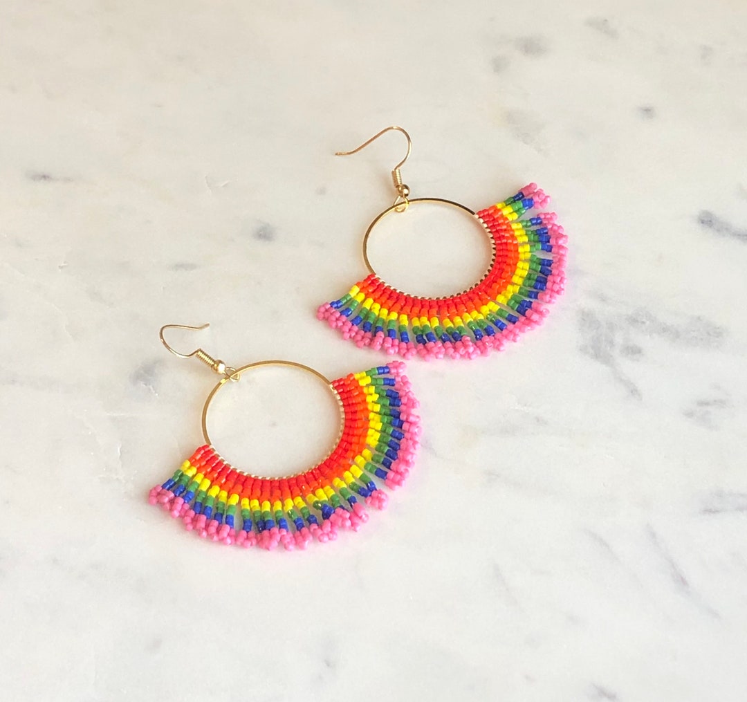 Beaded Rainbow Hoops Handwoven Colorful - Etsy