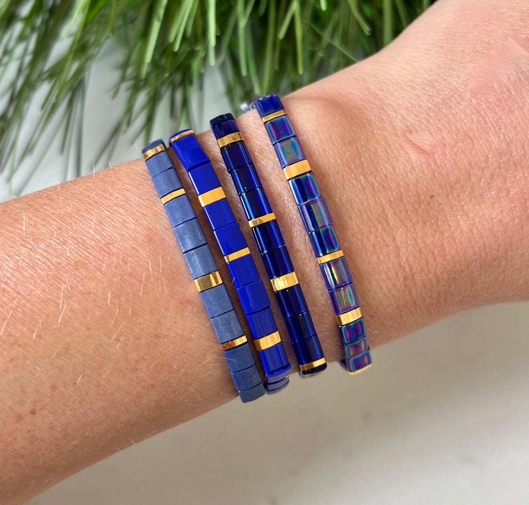 Shades of Cobalt Blue & Gold Stackable Beaded Bracelets | Glass Tile ...