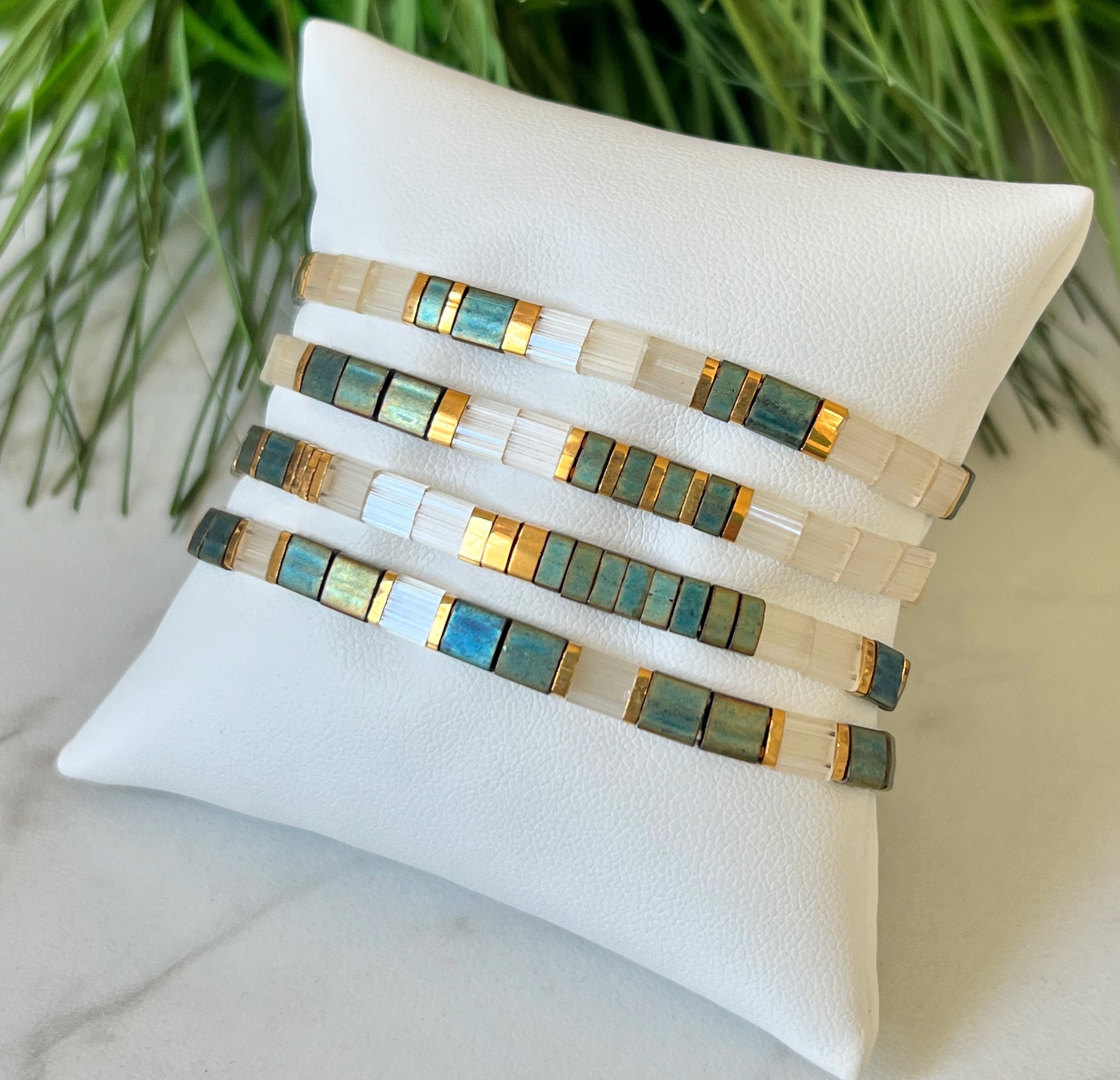 Sage & Ivory Stackable Beaded Bracelets | Glass Tile Bracelets | 24k ...