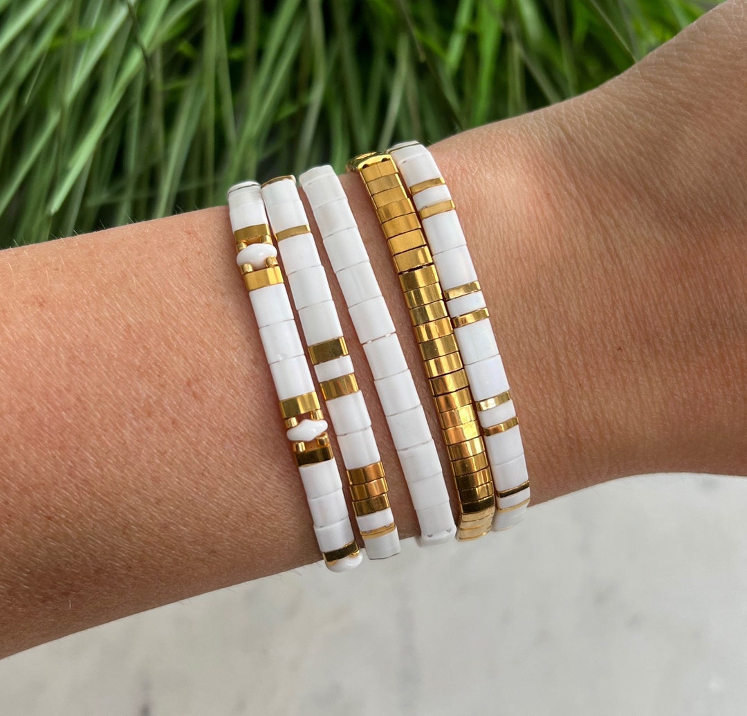 White & Gold Stackable Beaded Bracelets | Glass Tile Bracelets | 24k ...