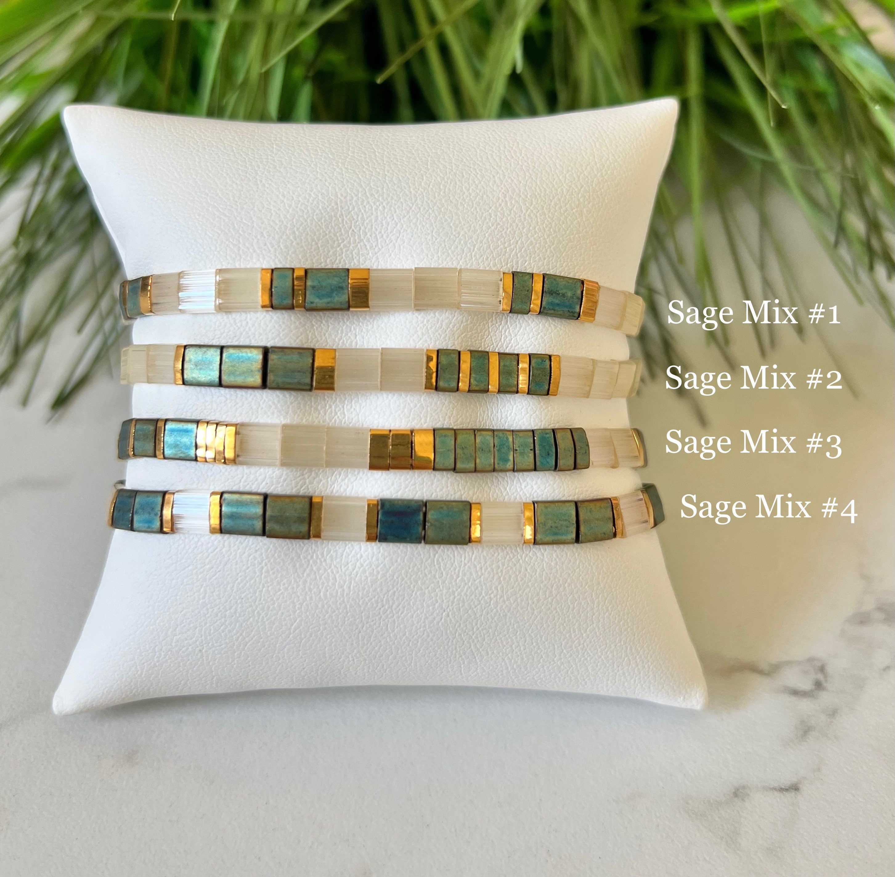 Sage & Ivory Stackable Beaded Bracelets | Glass Tile Bracelets | 24k ...