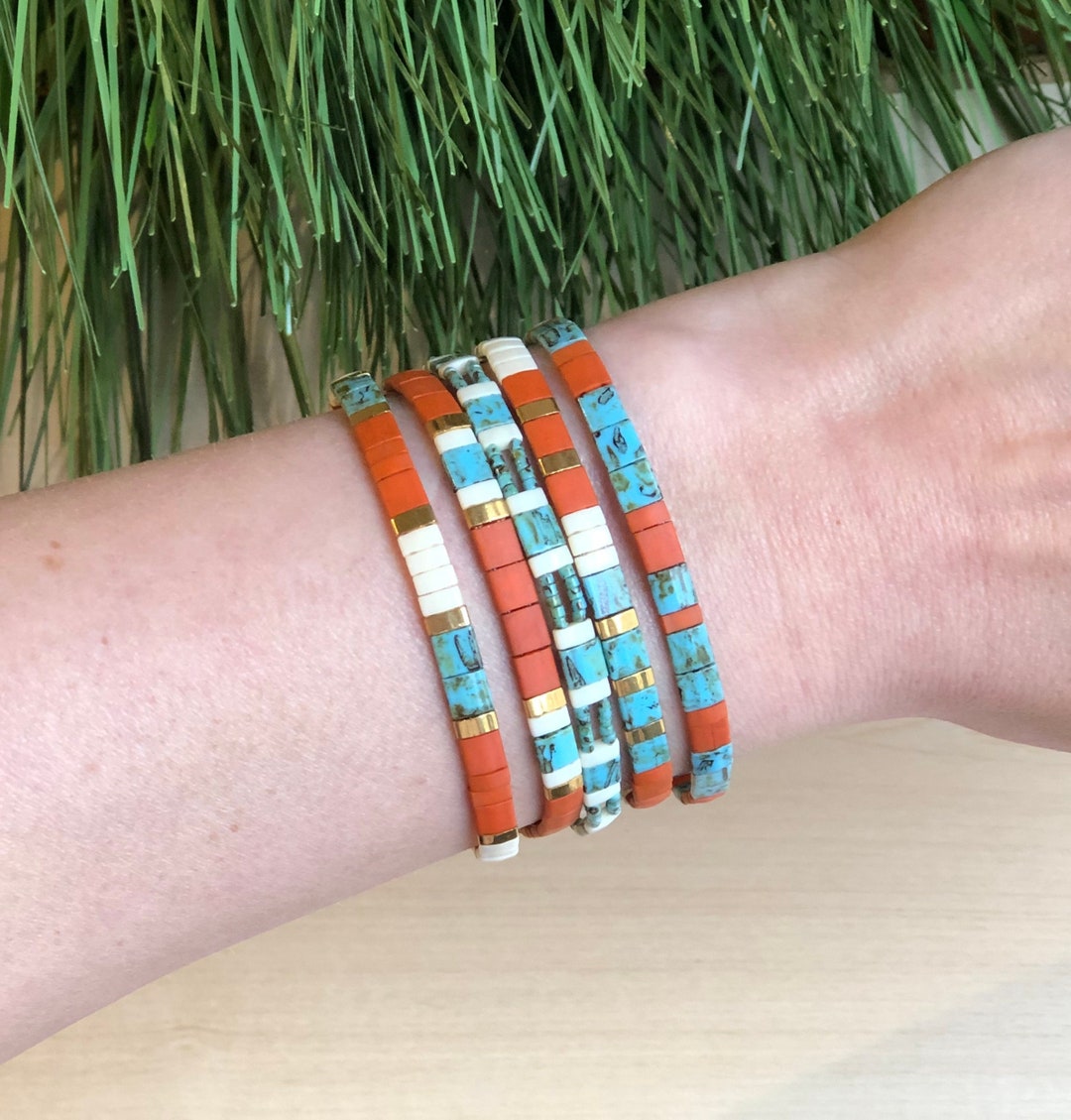 Stackable Beaded Bracelets | Glass Tile Bracelets | 24k Gold | Burnt ...