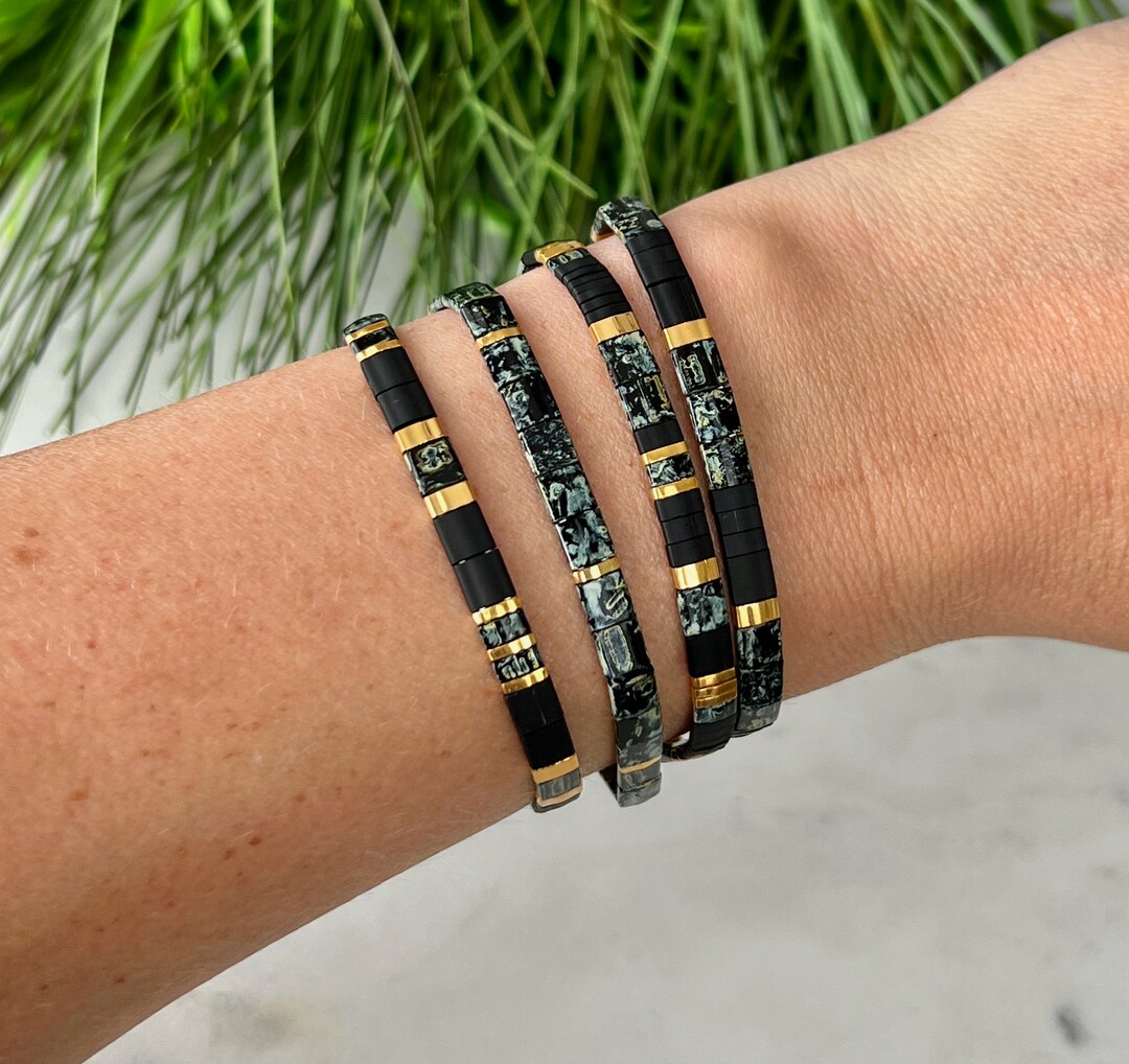 Stackable Beaded Bracelets | Glass Tile Bracelets | 24k Gold | Obsidian ...