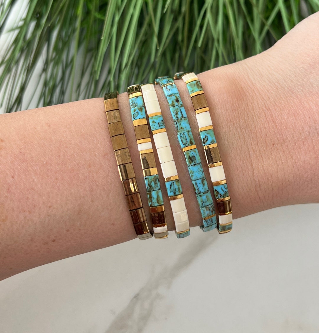 Turquoise & Bronze Stackable Beaded Bracelets | Glass Tile Bracelets ...