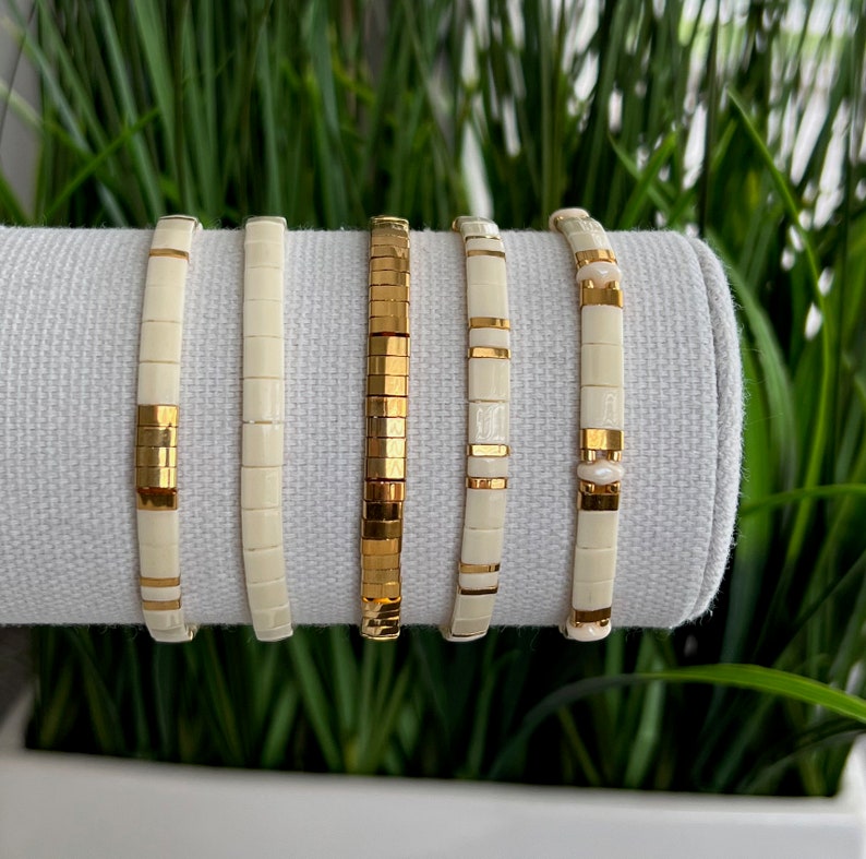 Ivory & Gold Stackable Beaded Bracelets | Glass Tile Bracelets | 24k ...