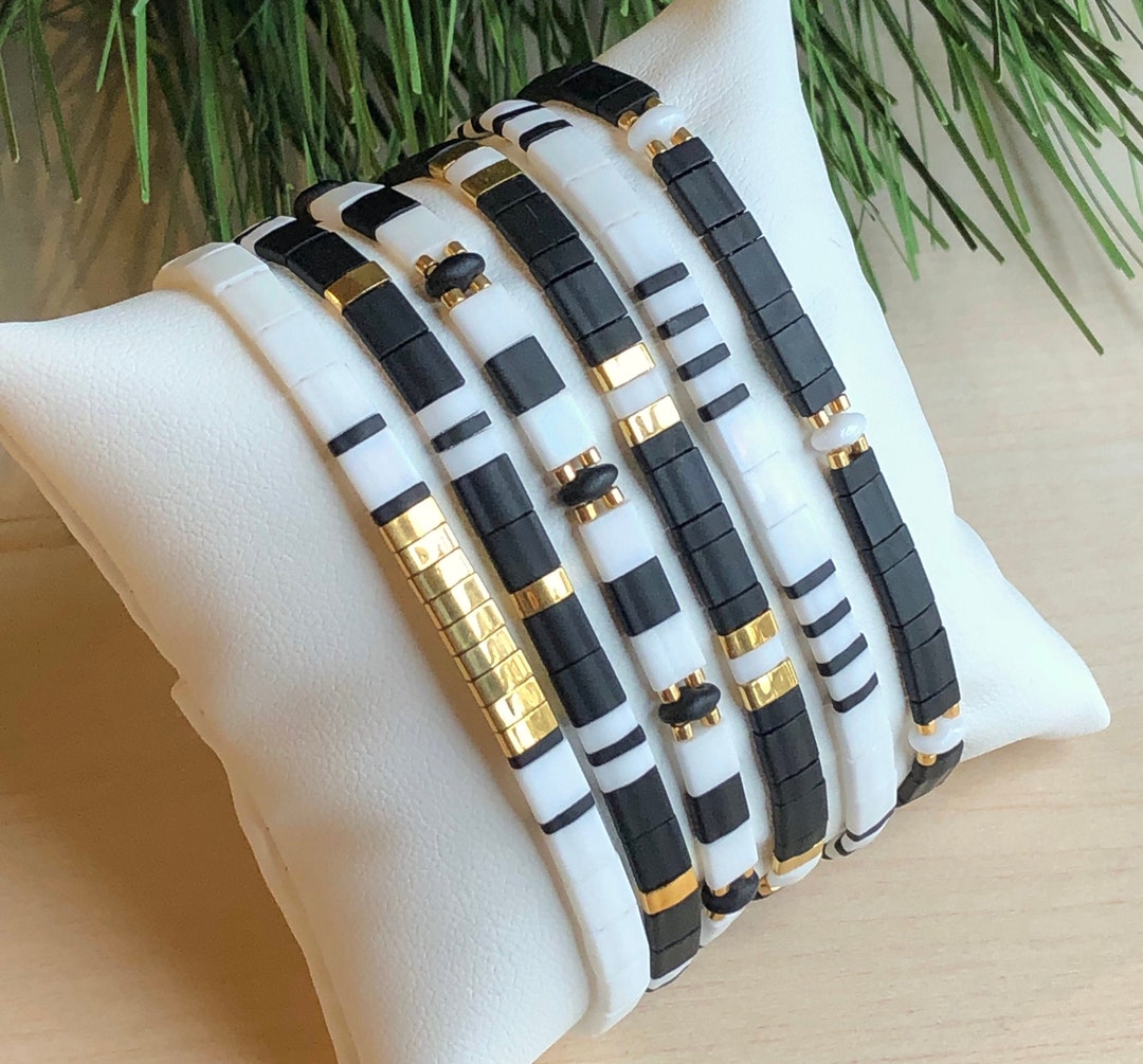 Stackable Beaded Bracelets | Glass Tile Bracelets | 24k Gold | Black ...
