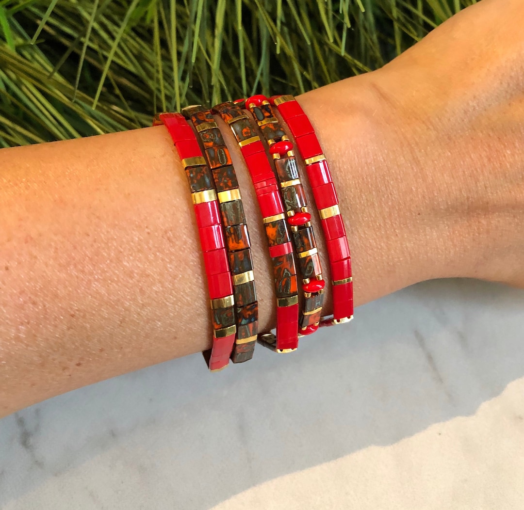 Stackable Beaded Bracelets | Glass Tile Bracelets | 24k Gold | Red ...