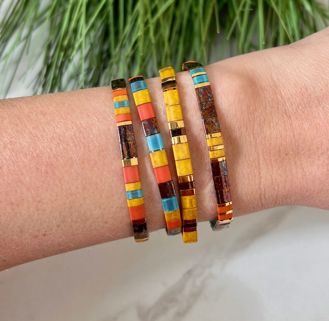 Stackable Beaded Bracelets | Glass Tile Bracelets | Mottled Bronze Mix ...