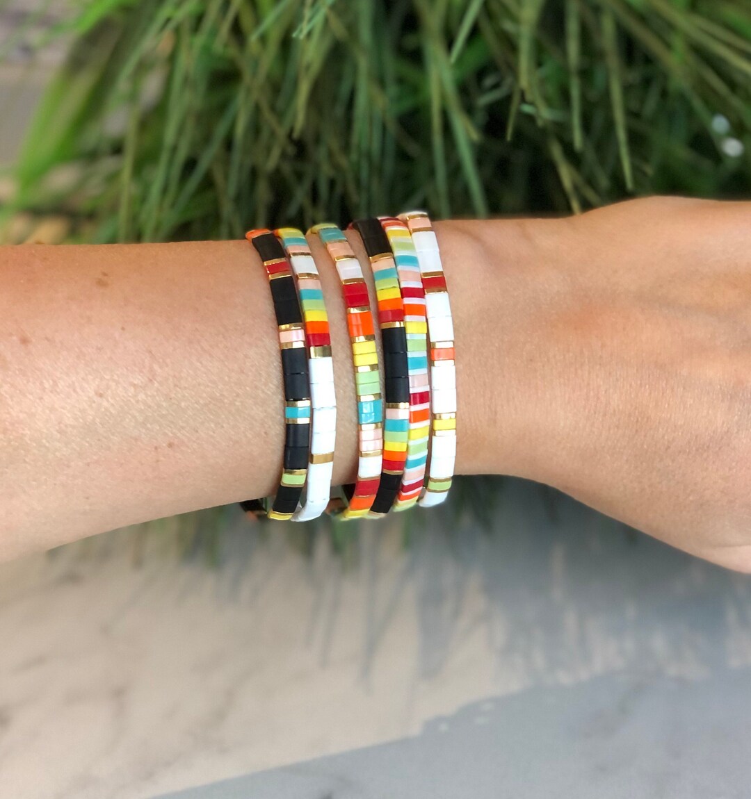 Stackable Beaded Bracelets | Glass Tile Bracelets | 24k Gold | Rainbow ...