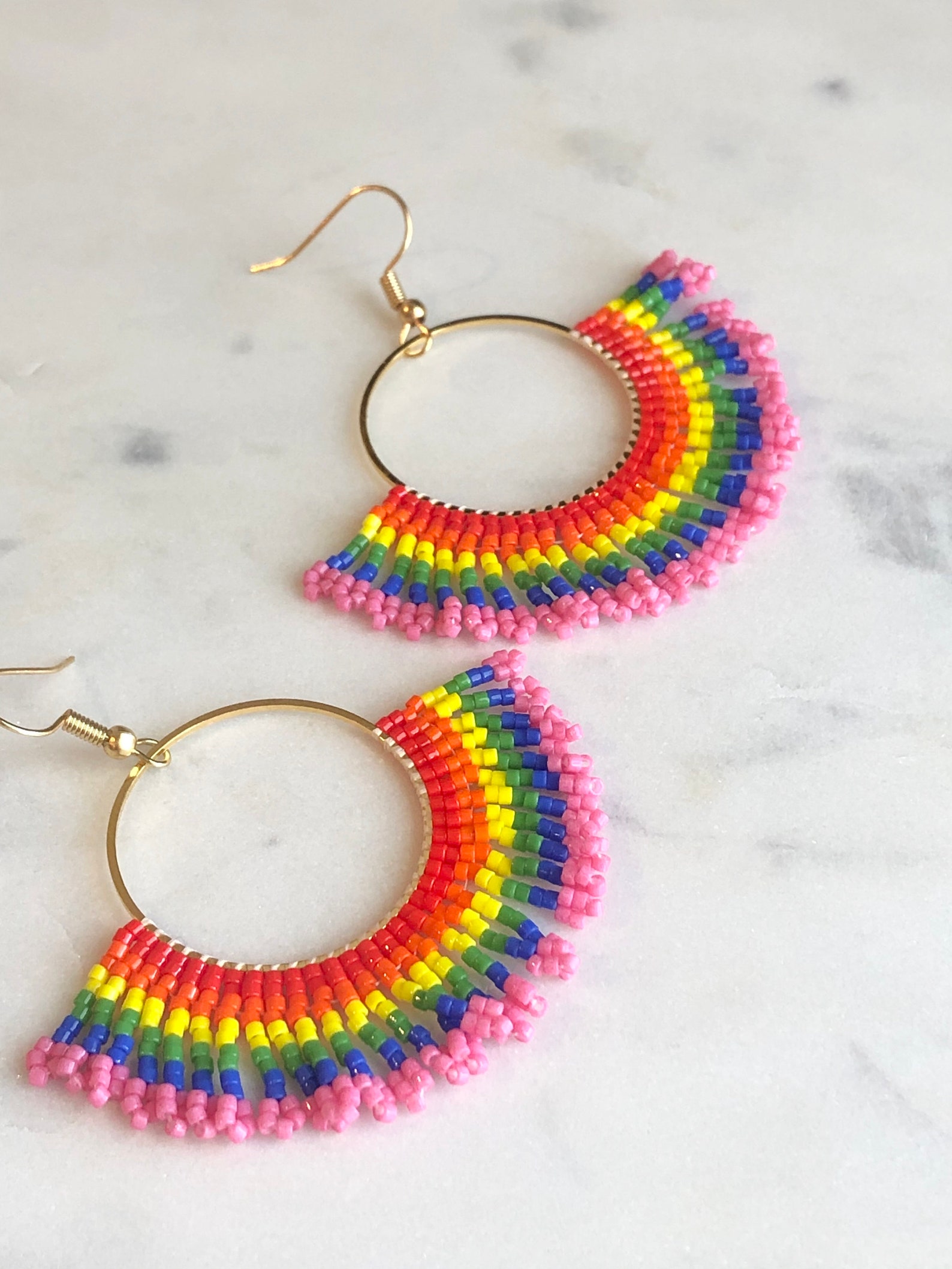 Beaded Rainbow Hoops Handwoven Colorful | Etsy