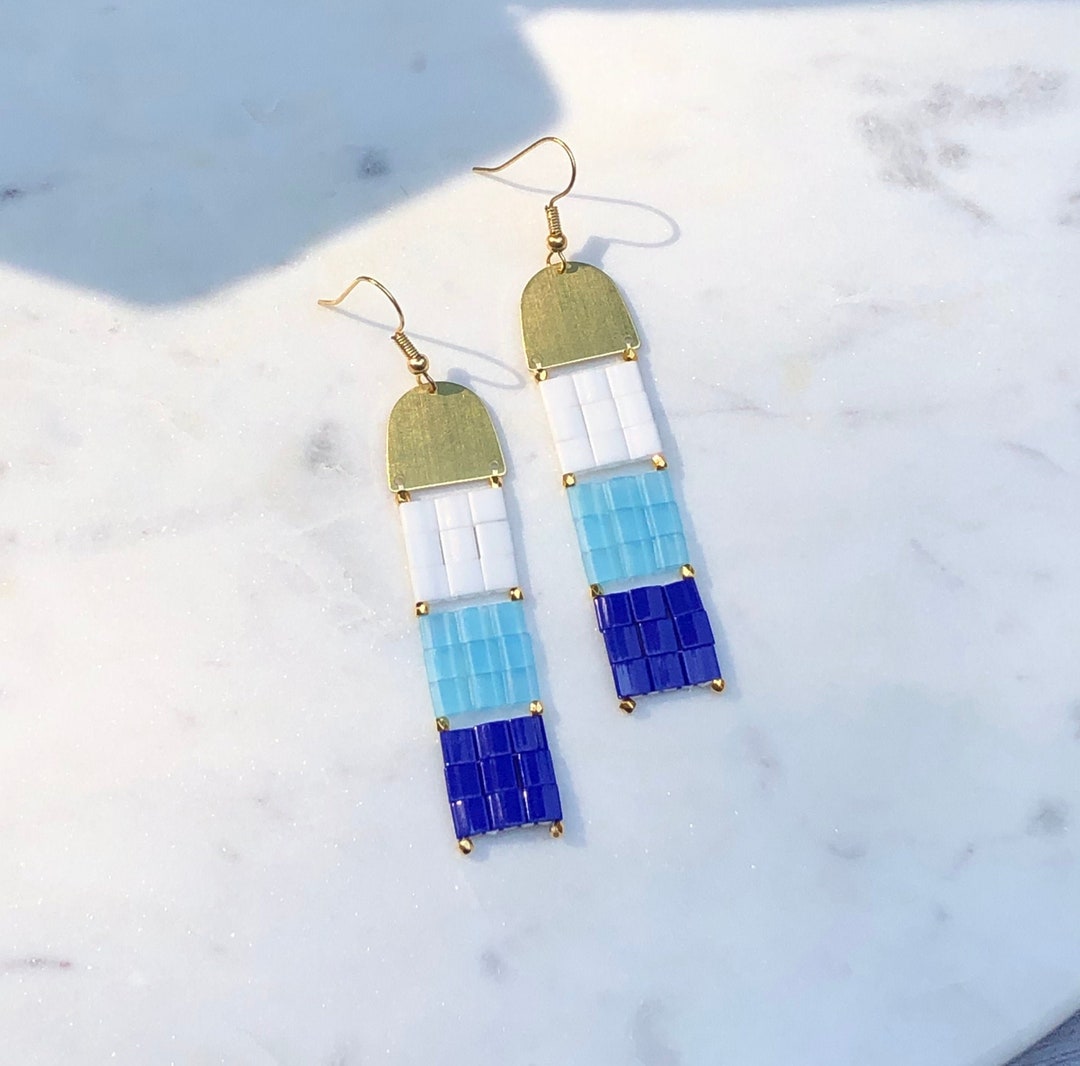 Handwoven Tile Earrings Statement Earrings White X Sky Blue X Cobalt - Etsy