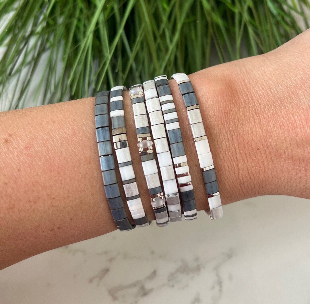 Gray, White & Silver Stackable Beaded Bracelets | Glass Tile Bracelets ...