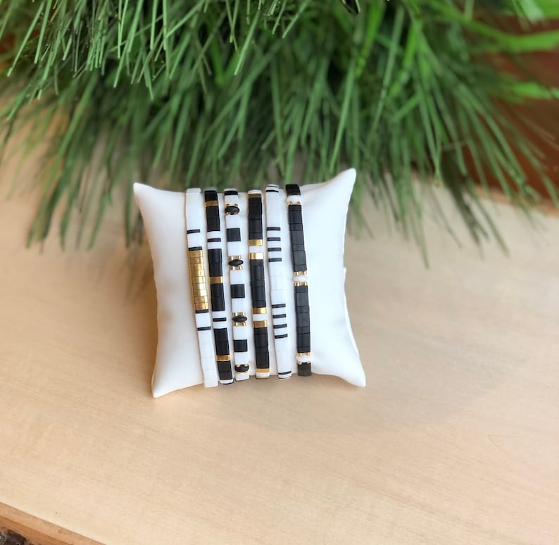 Stackable Beaded Bracelets | Glass Tile Bracelets | 24k Gold | Black ...