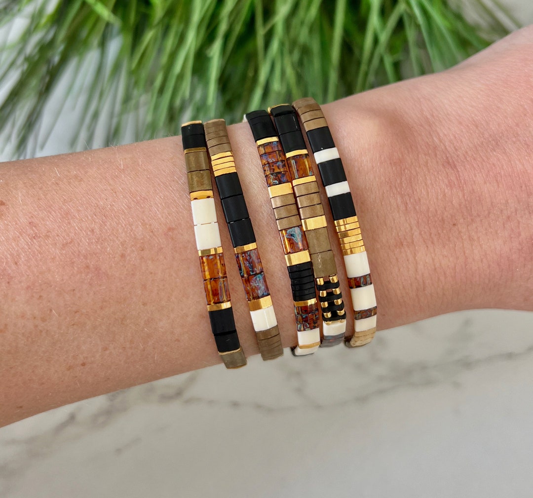 Black, Bronze, Ivory & 24k Gold Stackable Beaded Bracelets | Glass Tile ...