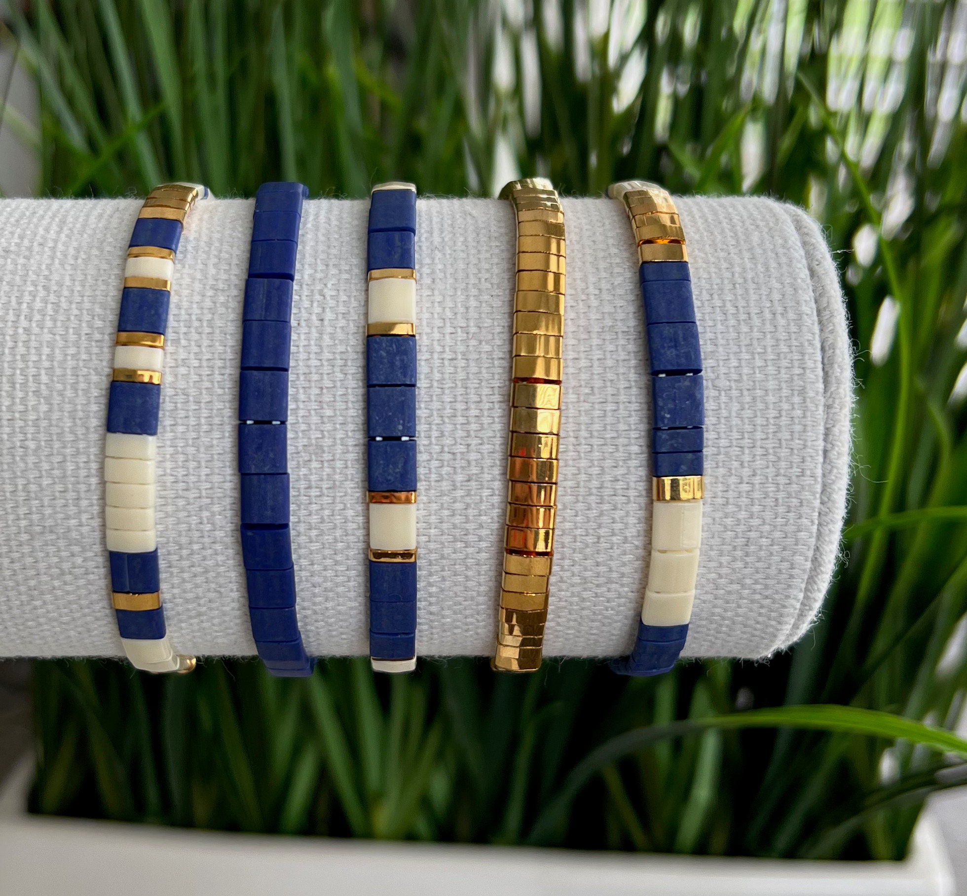 Navy Stackable Beaded Bracelets Glass Tile Bracelets 24k - Etsy