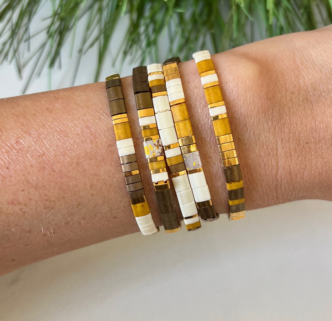 Matte Bronze & Mustard Stackable Beaded Bracelets | Glass Tile ...