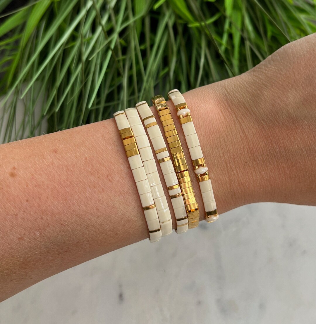 Ivory & Gold Stackable Beaded Bracelets | Glass Tile Bracelets | 24k ...